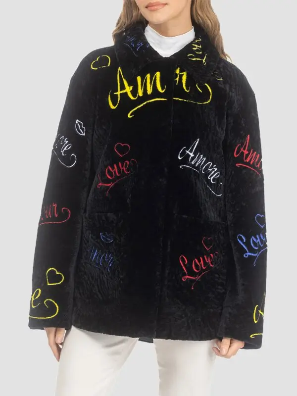 Gorski Select Shearling Lamb Embroidered Love Coat - Black Multi