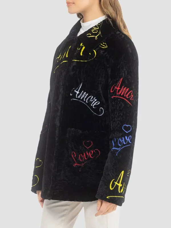 Gorski Select Shearling Lamb Embroidered Love Coat - Black Multi