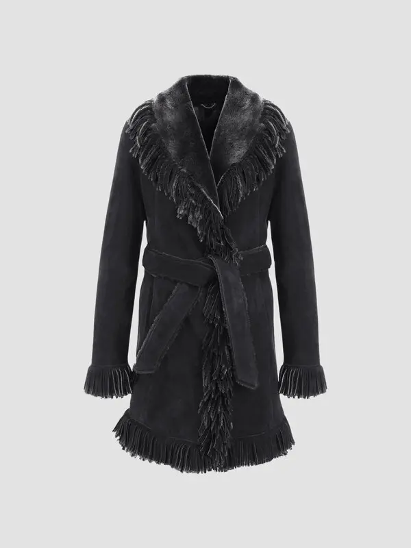 Gorski Merino Shearling Lamb Stroller With Fringes - Black Brisa