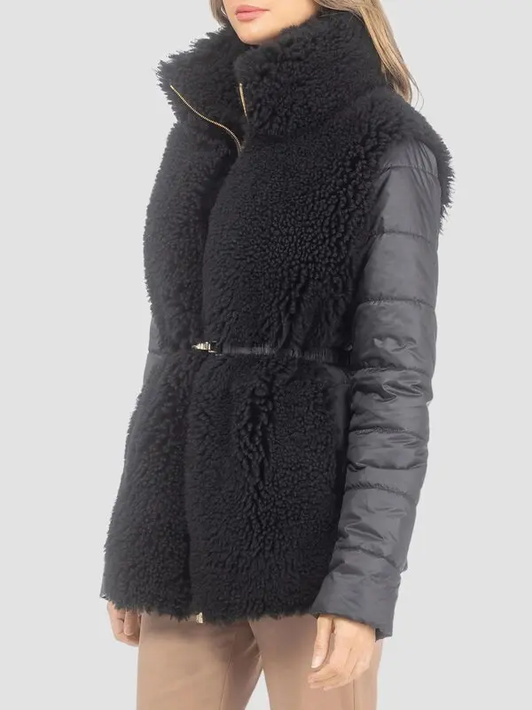 Gorski Curly Shearling Lamb Jacket With Quilted Sleeves And Back, Belt