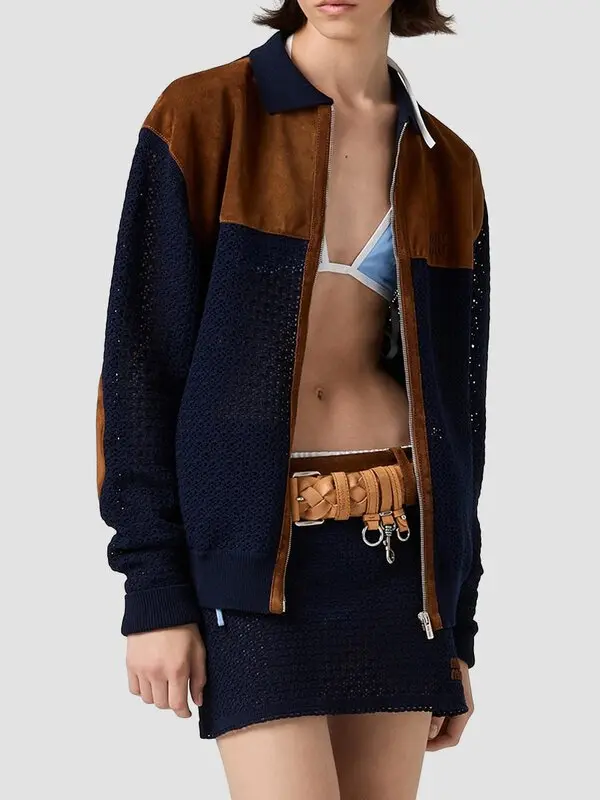 Miu Miu Cotton Crochet And Suede Cardigan