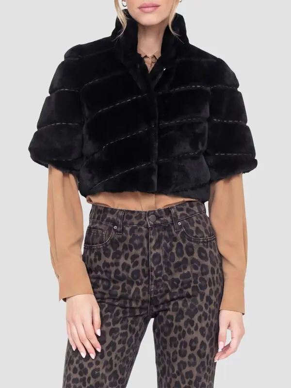 Gorski Select Shearling Lamb Diagonal Bolero With Cropped Sleeves - Black