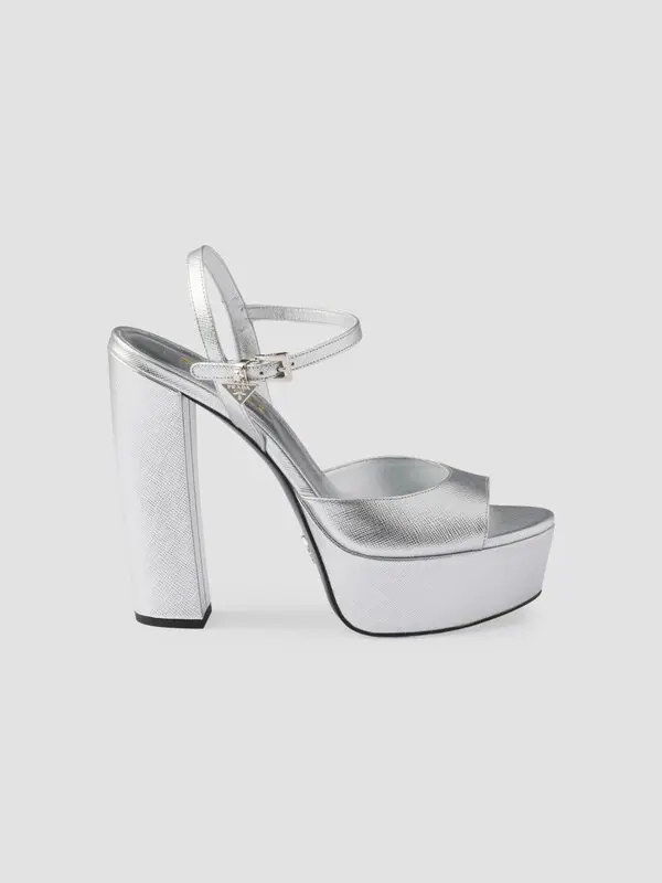Prada Patent Saffiano Leather Platform Sandals - Silver
