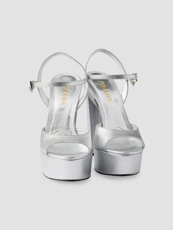Prada Patent Saffiano Leather Platform Sandals - Silver