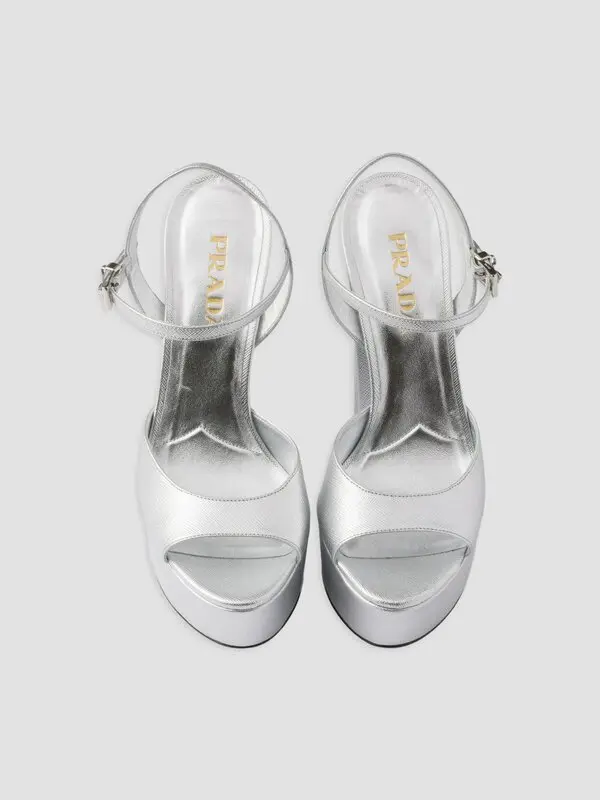 Prada Patent Saffiano Leather Platform Sandals - Silver