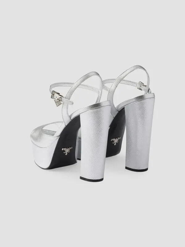 Prada Patent Saffiano Leather Platform Sandals - Silver