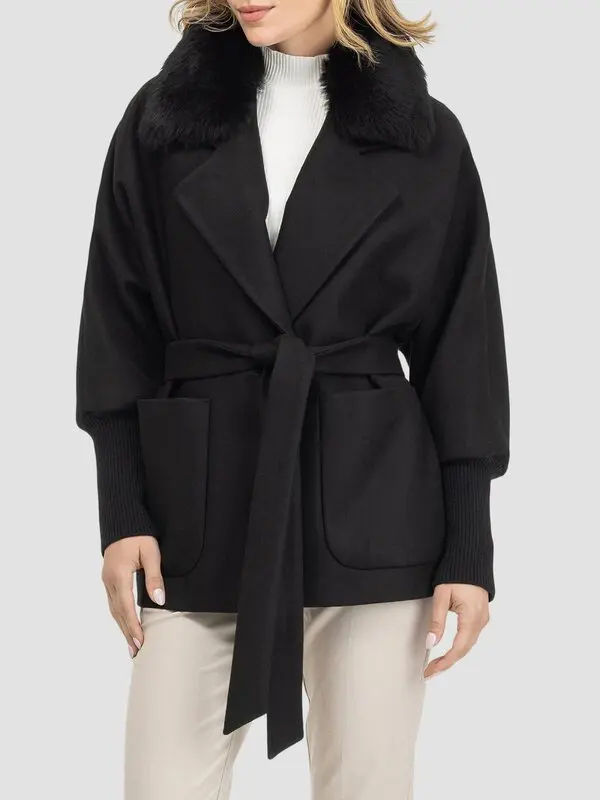 Gorski Fabric Coat With Detachable Shearling Lamb Collar, Belt - Black
