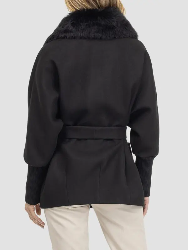 Gorski Fabric Coat With Detachable Shearling Lamb Collar, Belt - Black