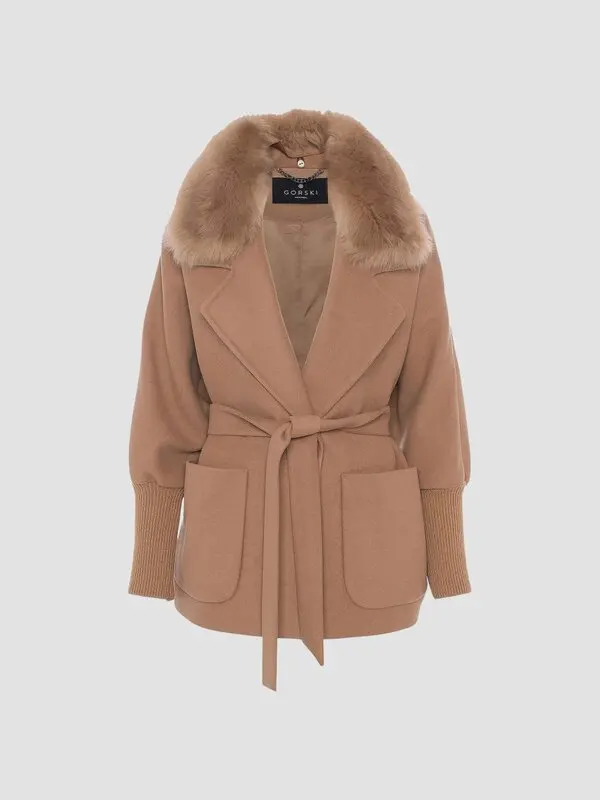 Gorski Fabric Coat With Detachable Shearling Lamb Collar, Belt - Camel