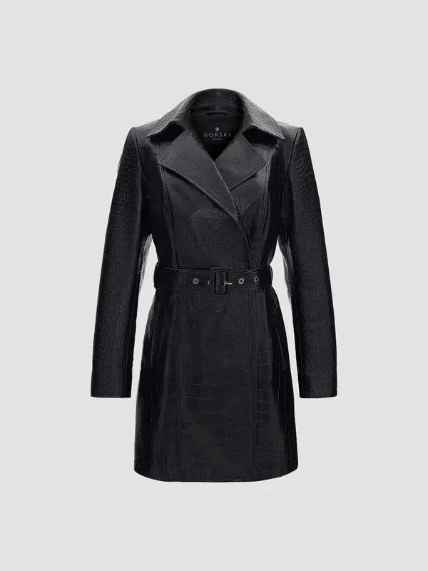Gorski Select Nappa Leather Croco Embossed Trench Coat, Belt - Black