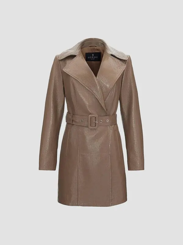 Gorski Select Nappa Leather Croco Embossed Trench Coat, Belt - Camel