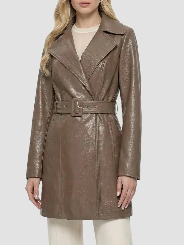 Gorski Select Nappa Leather Croco Embossed Trench Coat, Belt - Camel
