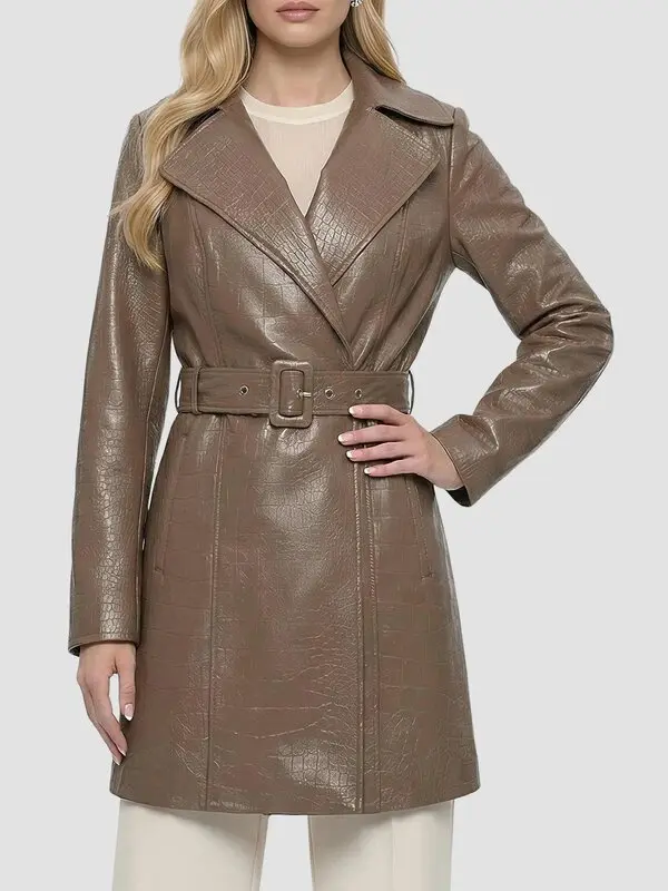 Gorski Select Nappa Leather Croco Embossed Trench Coat, Belt - Camel