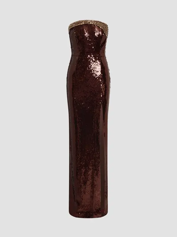 Rebecca Vallance Glimmer Embellished Sequin Strapless Column Gown - Chocolate