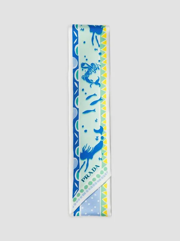 Prada Printed Silk Twill Skinny Scarf - Blue Multi