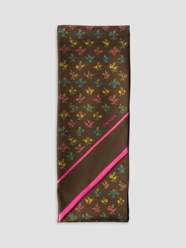 Prada Printed Silk Twill Skinny Scarf - Brown