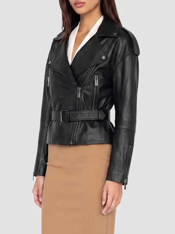 Gorski Select Nappa Leather Peplum Moto Zip Jacket