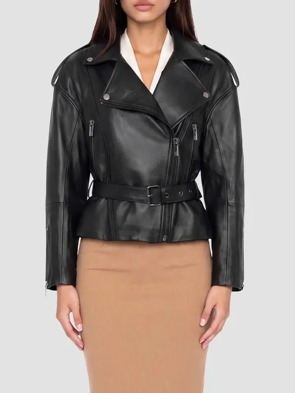 Gorski Select Nappa Leather Peplum Moto Zip Jacket