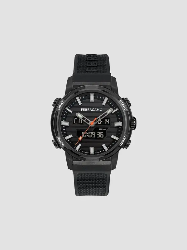 FERRAGAMO Ren Ip Gunmetal Stainless Steel & Silicone Strap Watch/43mm - Black With Titanium