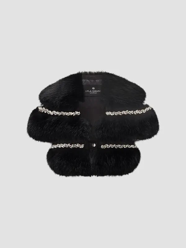LYLA GRANT Fur-free Fox Stole With Rhinestone Inserts - Black