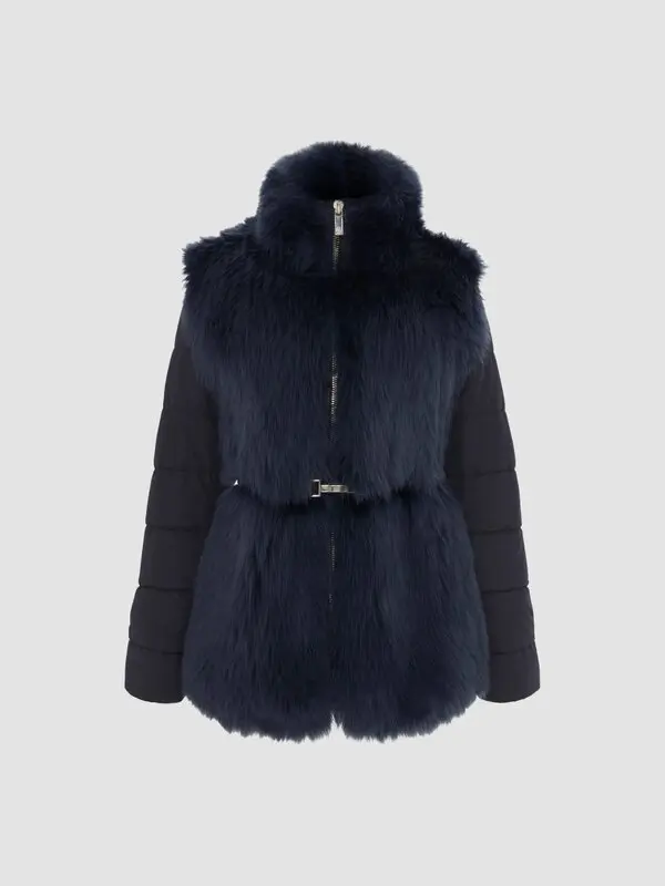 Gorski Select Shearling Lamb Jacket With Quilted Sleeves And Back, Belt - Navy