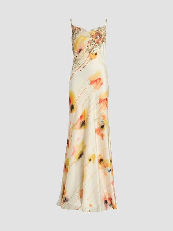 JASON WU Watercolor Floral Lace-trim Slip Gown - Limoncello Multi