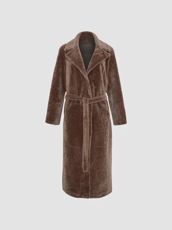 Gorski Textured Shearling Lamb Coat, Belt - Camel
