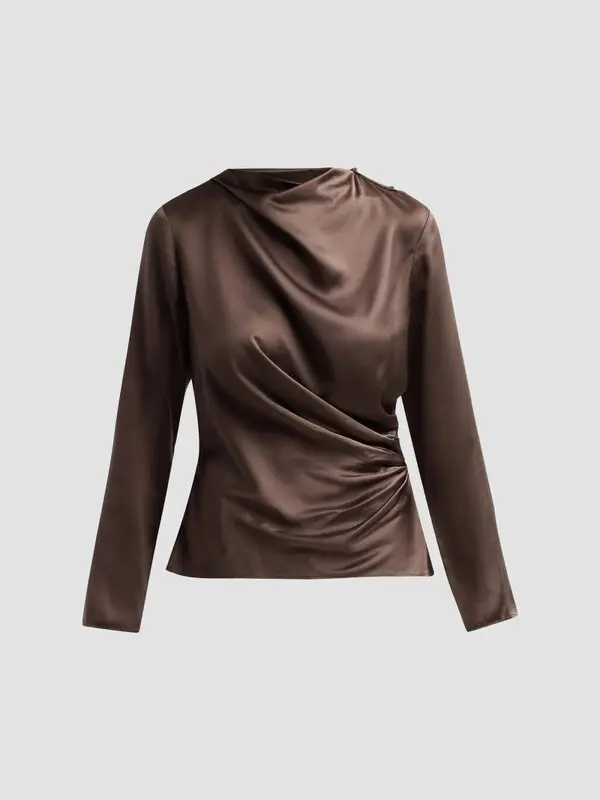 Loulou De Saison Anya Draped Satin Long-sleeve Top - Brown
