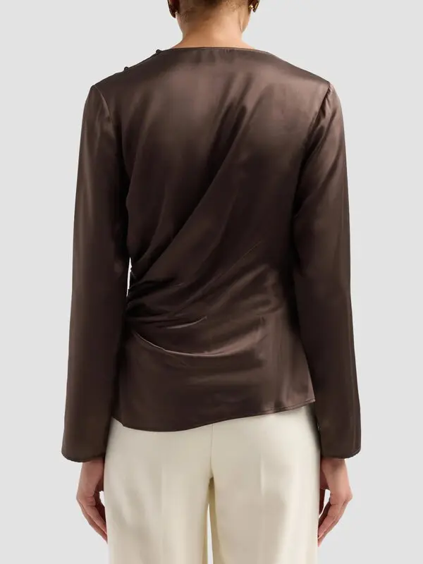 Loulou De Saison Anya Draped Satin Long-sleeve Top - Brown