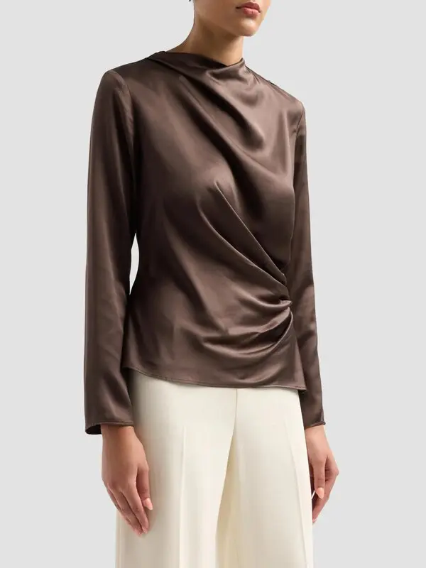 Loulou De Saison Anya Draped Satin Long-sleeve Top - Brown