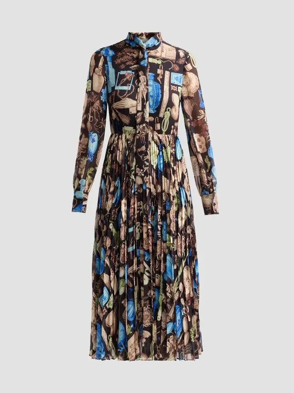 JASON WU Printed Crepe Chiffon Pleated Tieneck Midi Dress