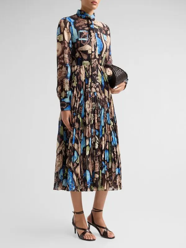 JASON WU Printed Crepe Chiffon Pleated Tieneck Midi Dress