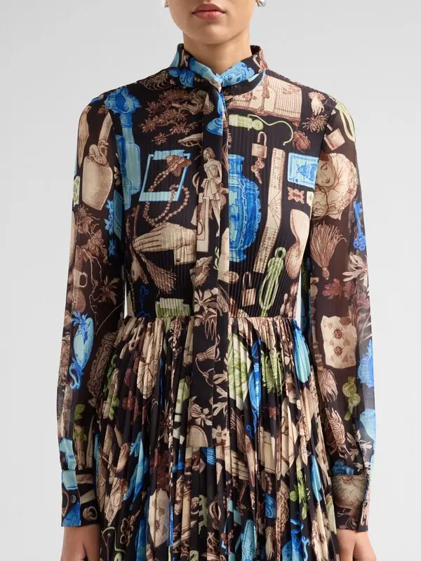 JASON WU Printed Crepe Chiffon Pleated Tieneck Midi Dress