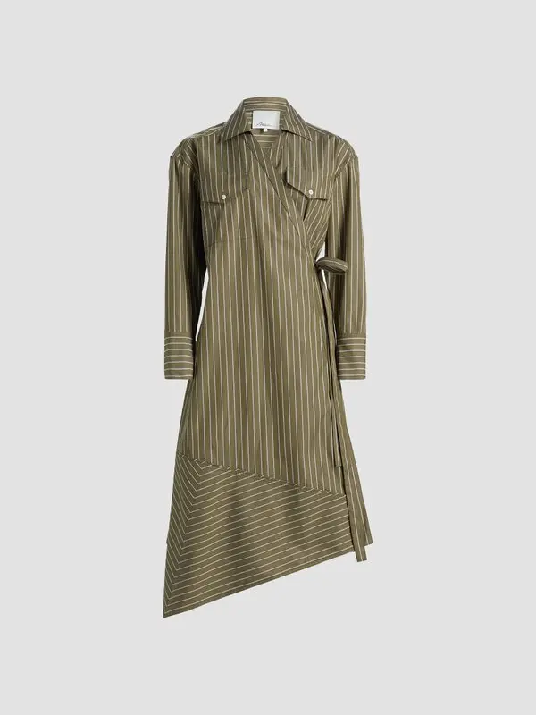 3.1 Phillip Lim Asymmetric Striped Poplin Wrap Shirtdress - Olive Multi