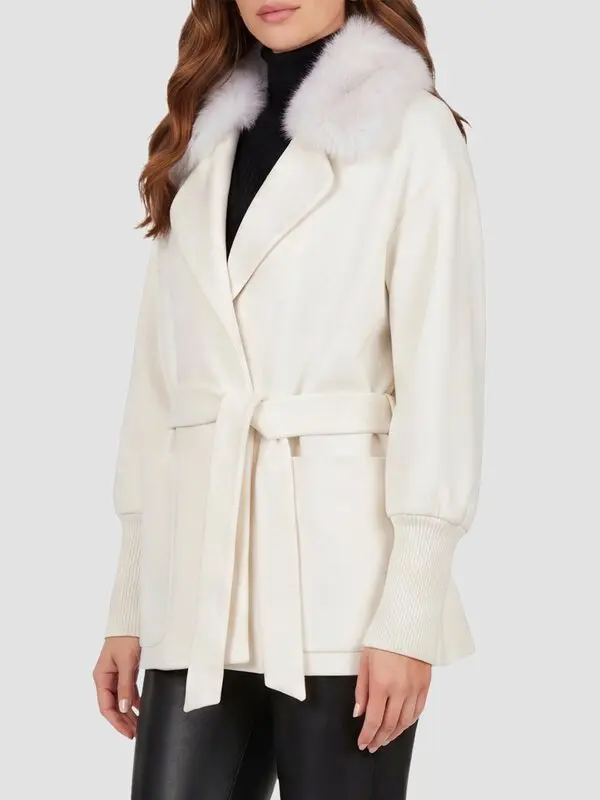 Gorski Fabric Jacket With Detachable Shearling Lamb Collar, Belt - Ivory