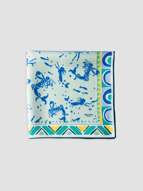 Prada Printed Silk Twill Scarf - Blue