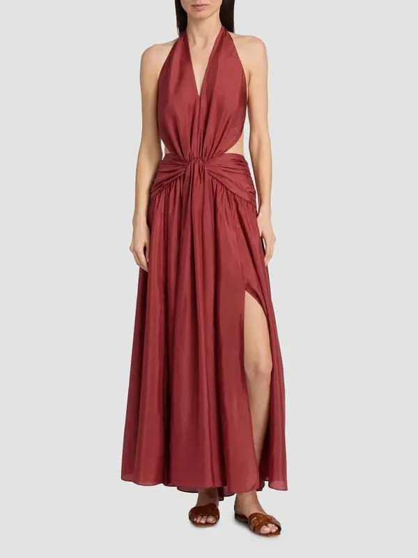 Zimmermann Indra Silk Plunge Halter Maxi Dress - Raspberry