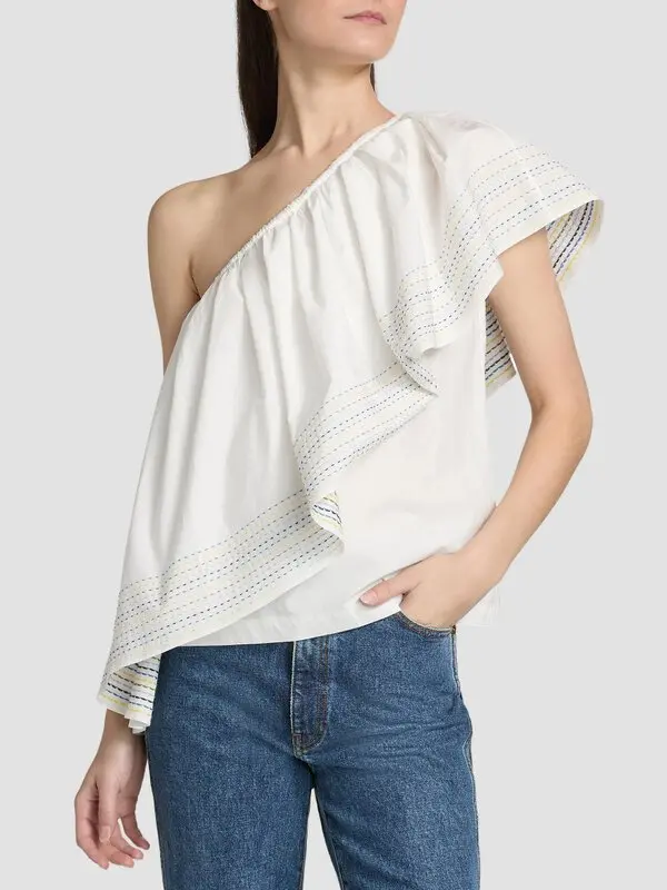 Rosie Assoulin Wedge Trapunto-stitched Cotton Poplin One-shoulder Top