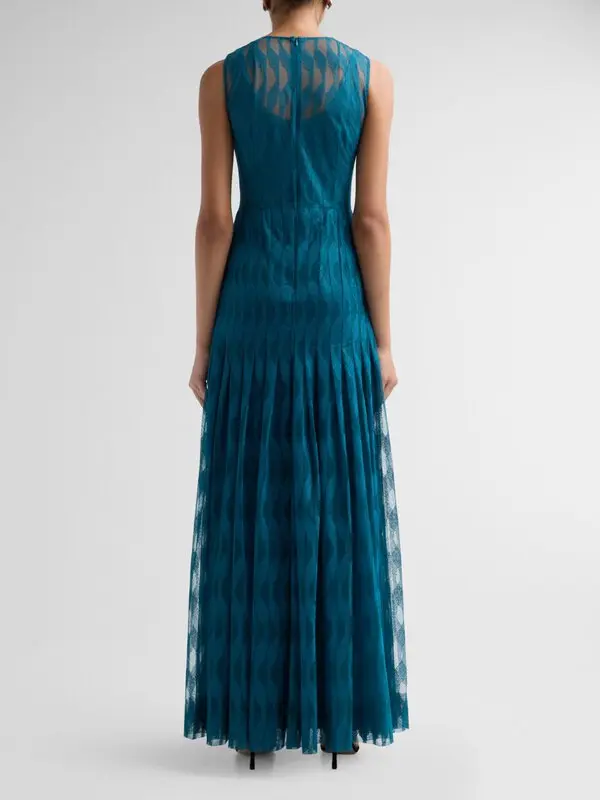Akris High Plains Embroidered Tulle Sleeveless Pleated Gown