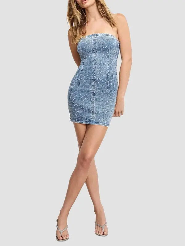 Good American Crystal Denim Strapless Minidress