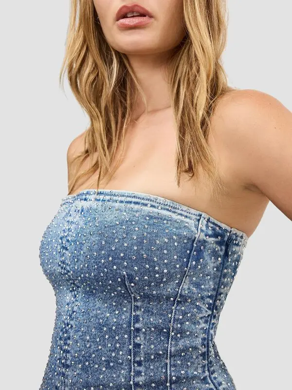 Good American Crystal Denim Strapless Minidress
