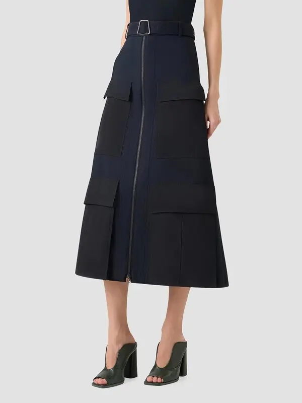 Akris Poplin A-line Belted Cargo Midi Skirt