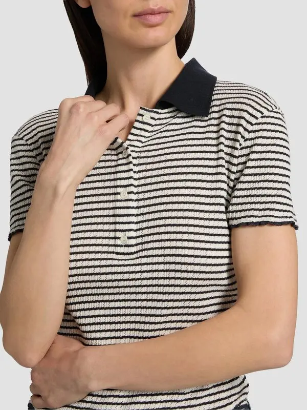 FRAME The Pointelle Striped Knit Polo Shirt