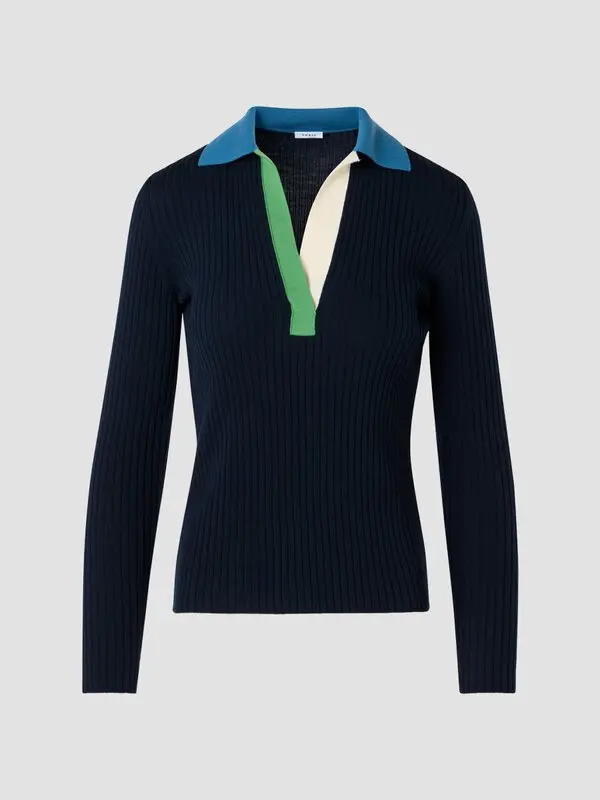 Akris Colorblocked Rib-knit Wool Long-sleeve Polo Shirt