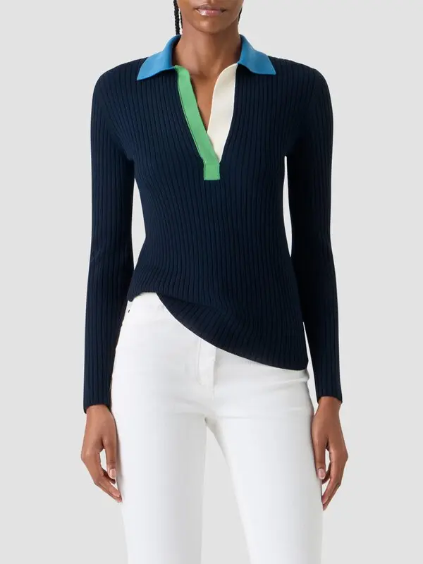Akris Colorblocked Rib-knit Wool Long-sleeve Polo Shirt