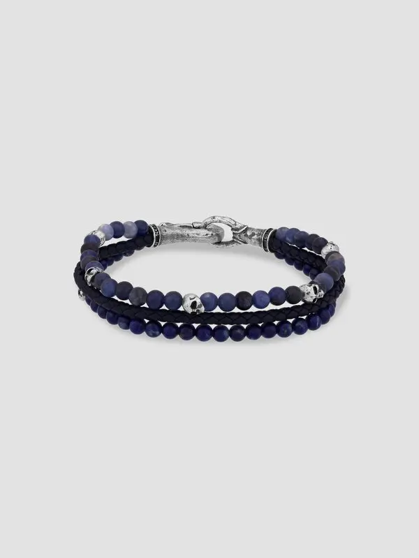 John Varvatos Skull Sterling Lapis Lazuli & Sodalite Triple-strand Beaded Bracelet