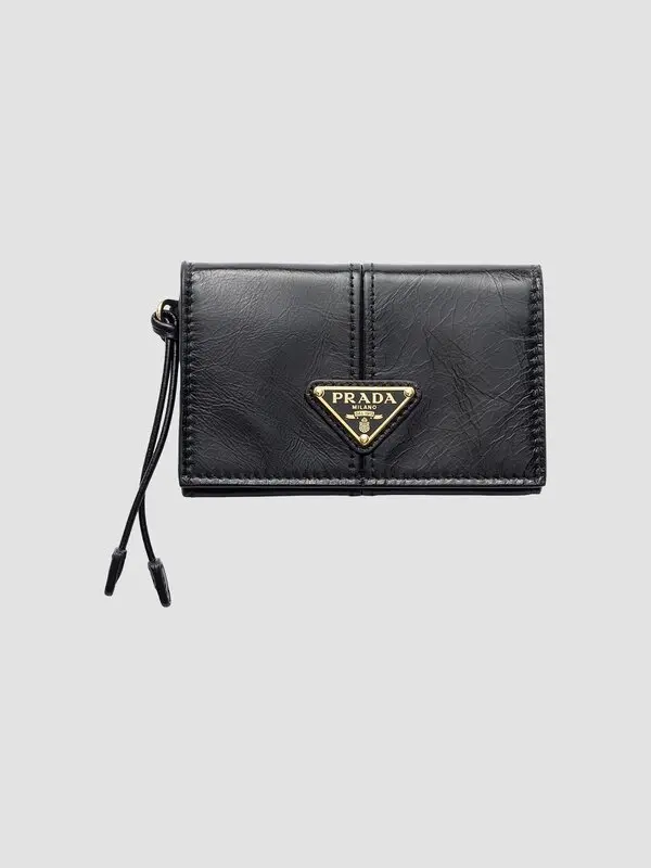 Prada Leather Card Holder With Flap - Black