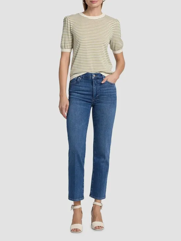 FRAME The Striped Gathered Short-sleeve Sweater