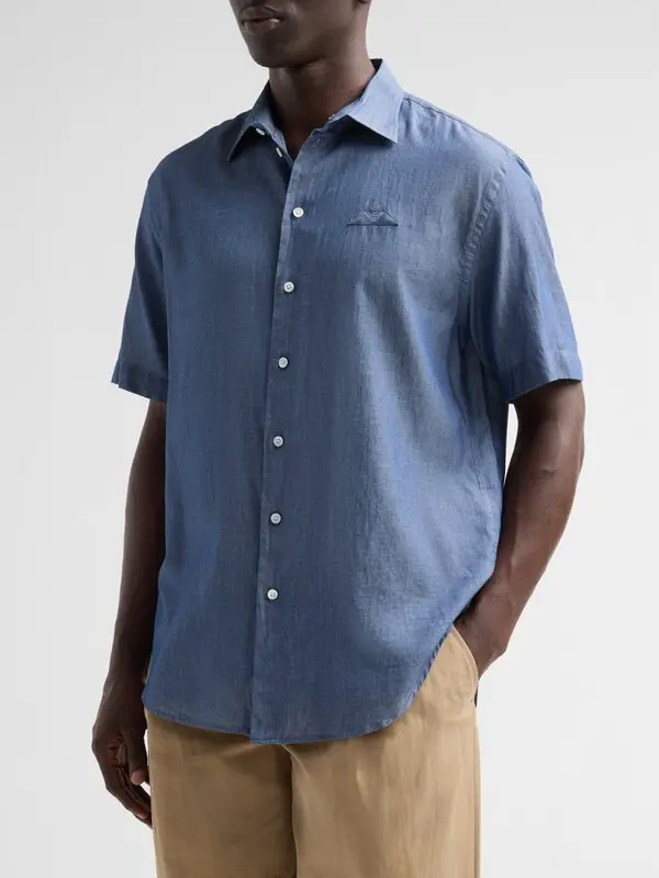 Emporio Armani Solid Chambray Short-sleeve Sport Shirt