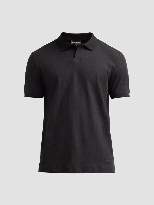 Emporio Armani Geometric Textured Jacquard Polo Shirt - Solid Black